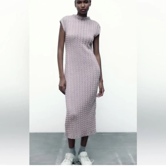 Zara | Dresses | Zara Textured Knit Dress In Light Gray | Poshmark